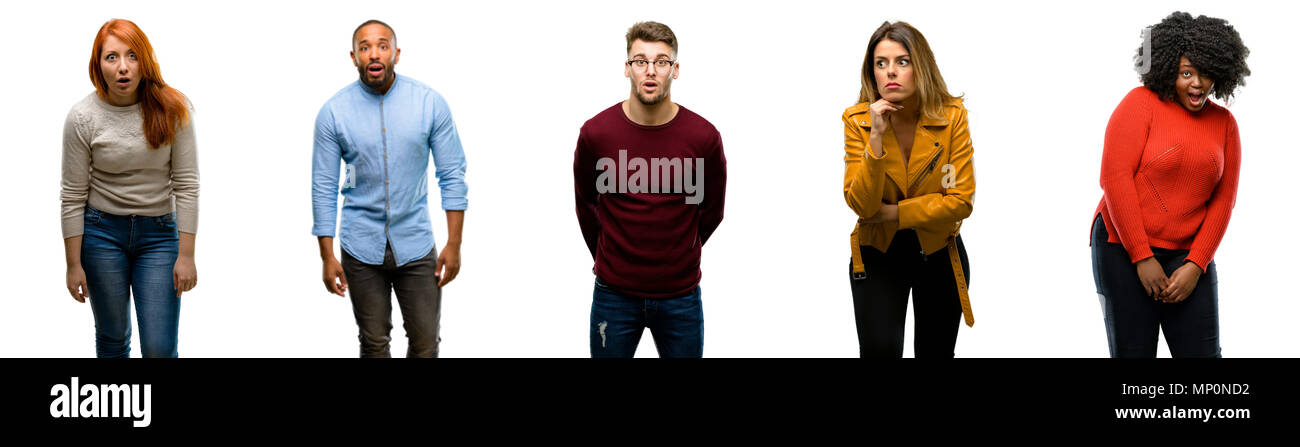 Group of cool people, woman and man scared in shock, expressing panic ...