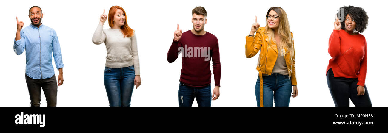 Group of cool people, woman and man happy and surprised cheering ...