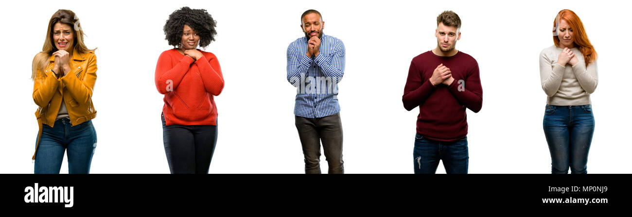 Group of cool people, woman and man crying depressed full of sadness ...