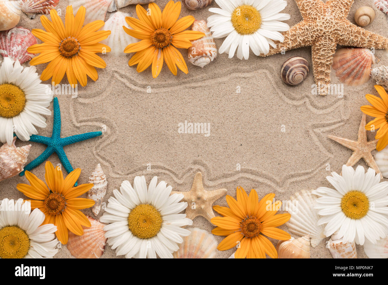 Beautiful frame of flowers, stars and shell on sand. Flowers and lines ...