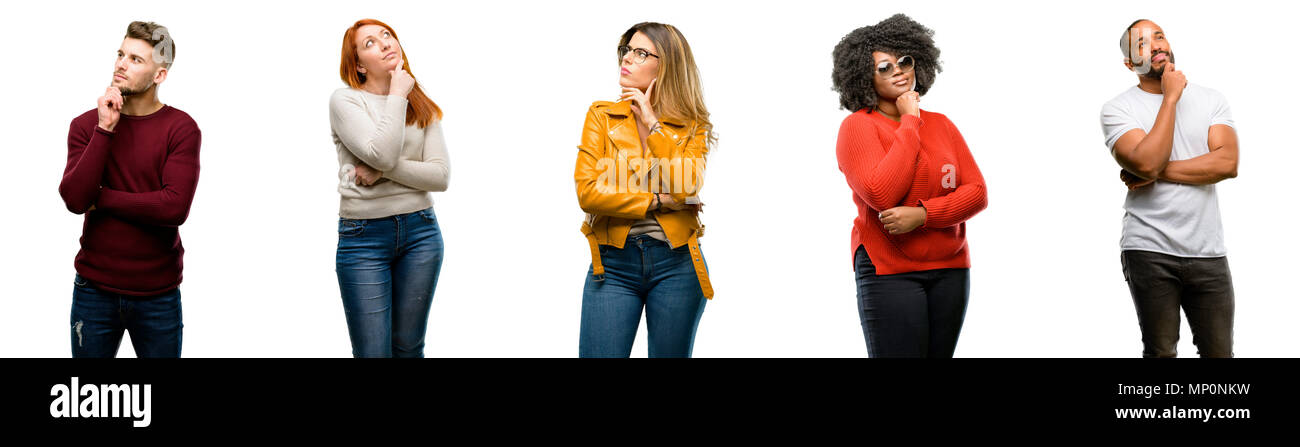 Group of cool people, woman and man thinking and looking up expressing ...