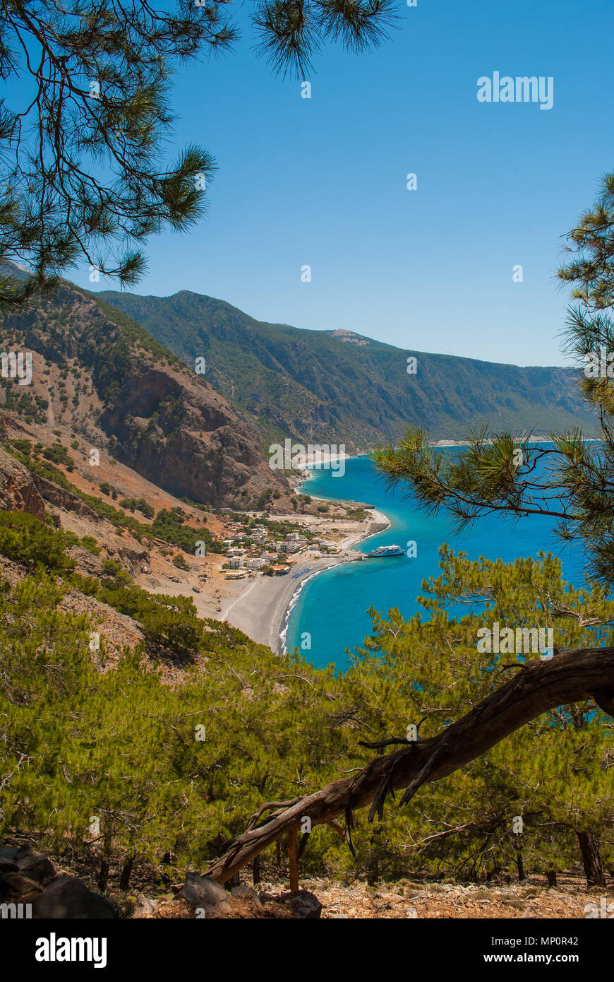 Agia Roumeli beach in Chania of Crete, Greece. The village of Agia ...