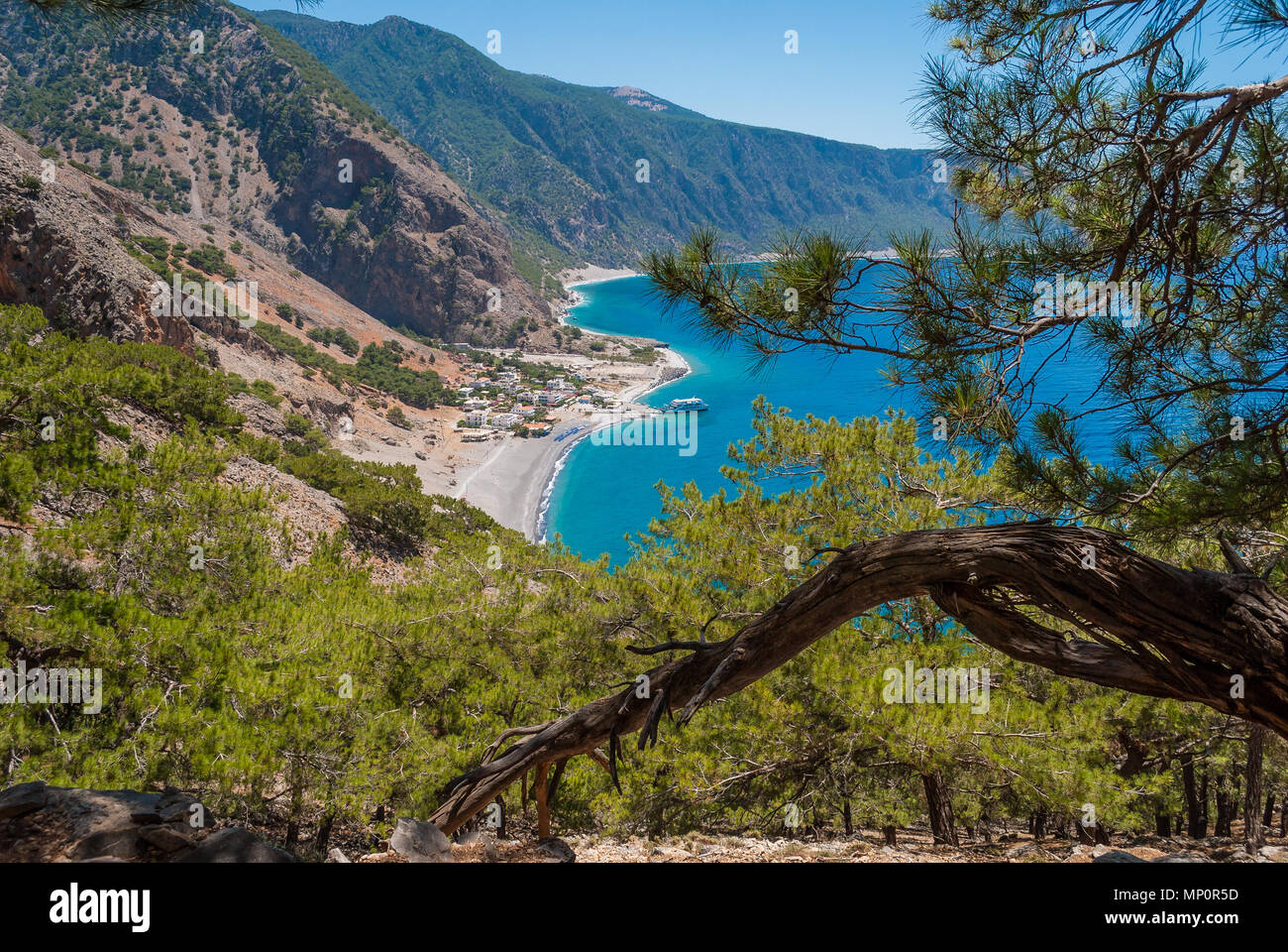 Agia Roumeli beach in Chania of Crete, Greece. The village of Agia ...