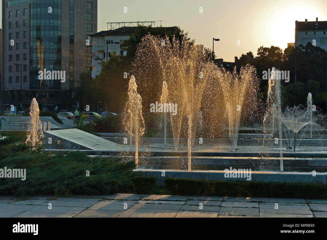 Beauty landscape of many fountain at sunset with different programme in ...