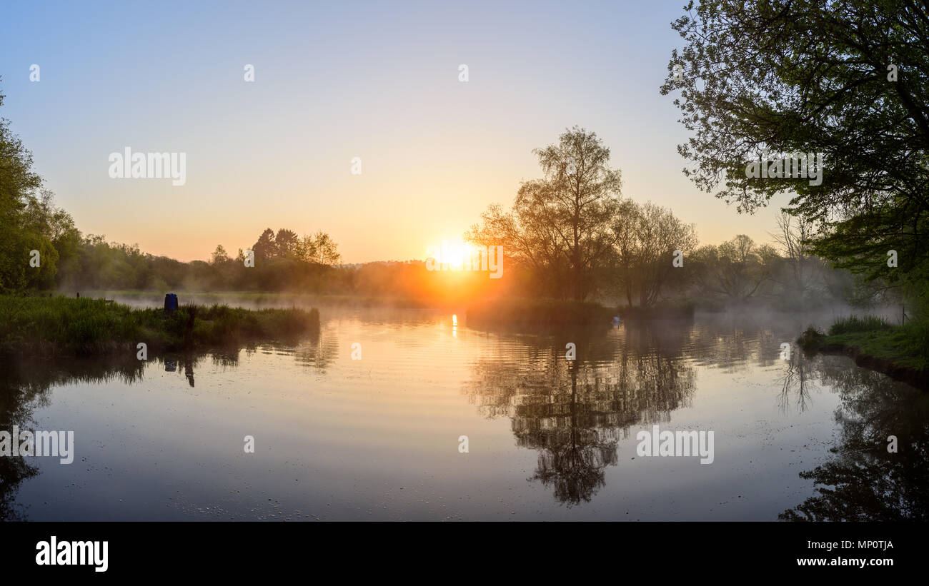 Summer sunrise at the lake. Nature reserve near Lockerbie. Scotland ...