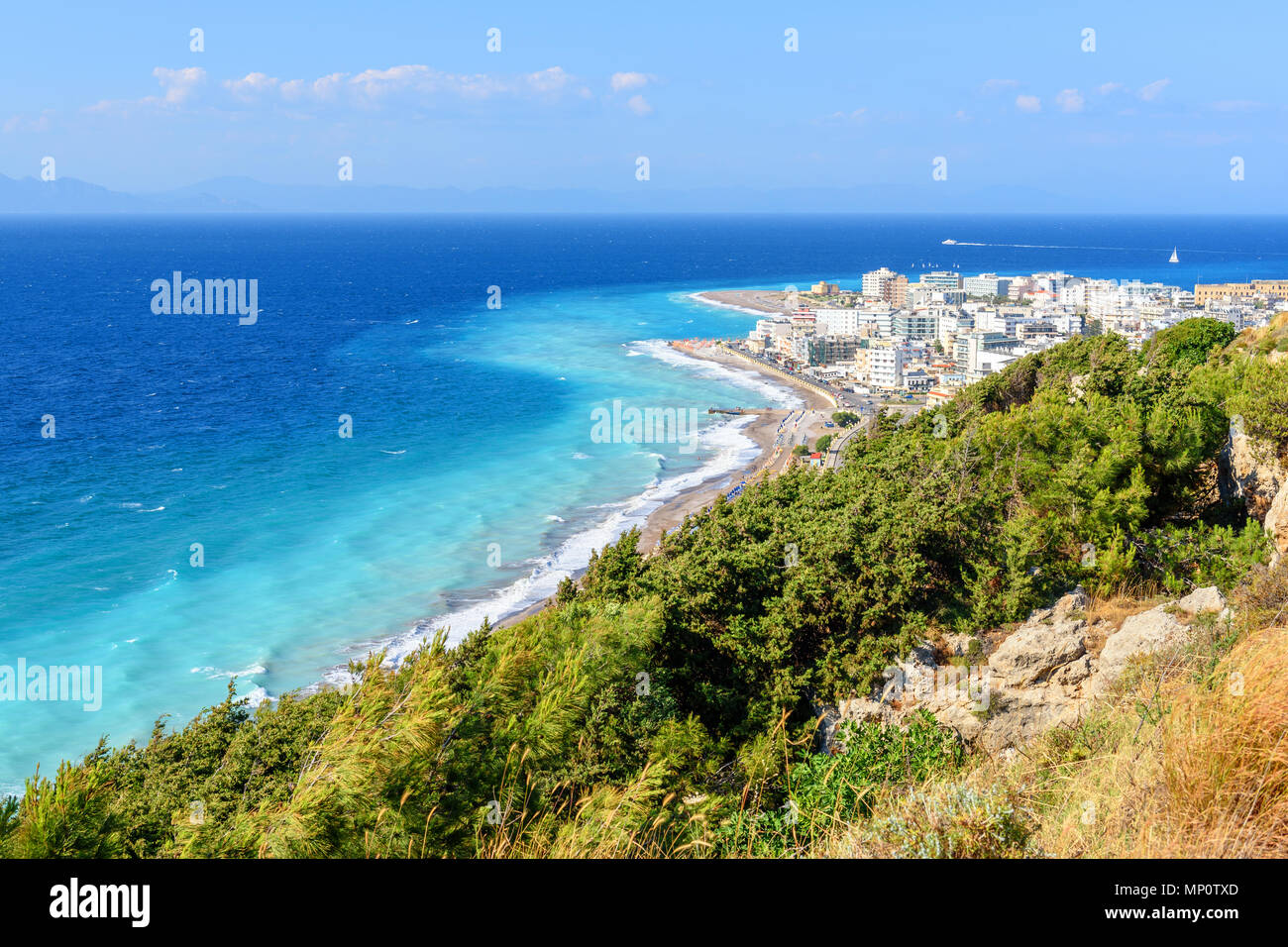 Beautiful Rhodes town and azure sea water. Rhodes island, Greece Stock ...