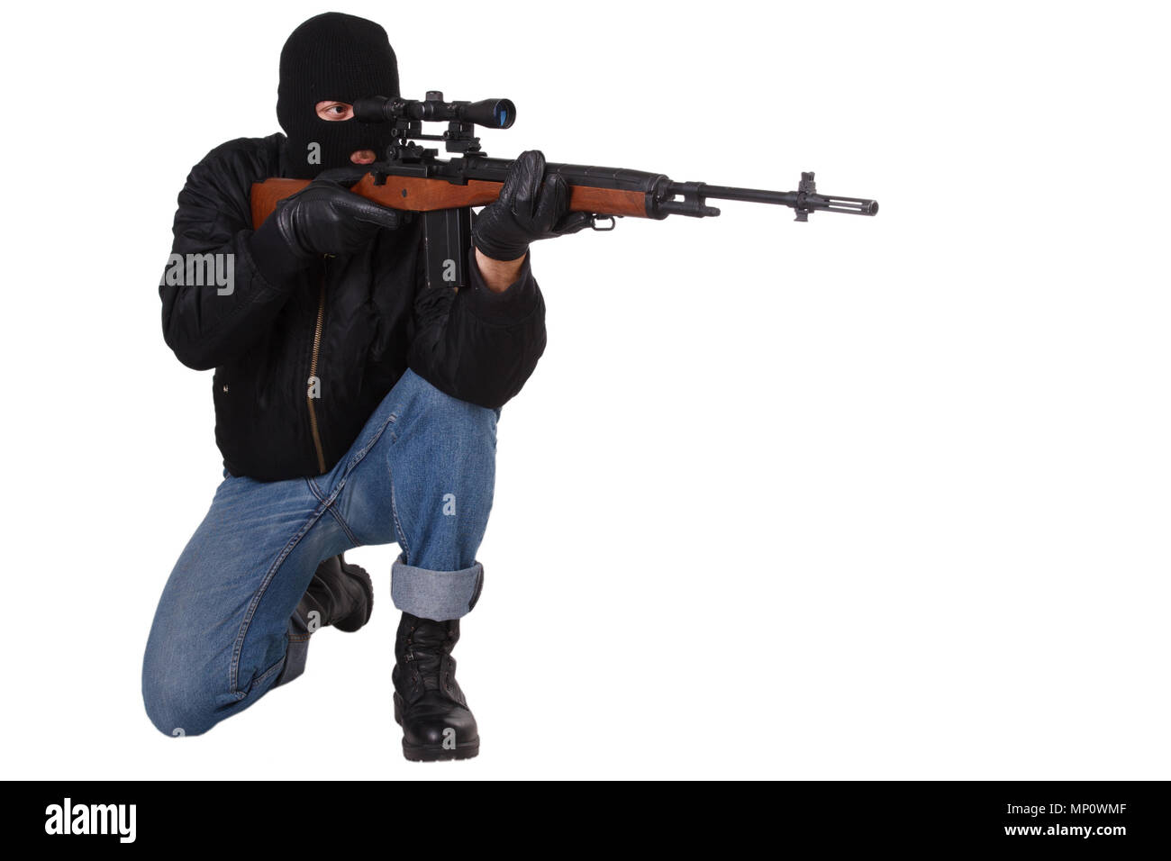 gunman with sniper rifle isolated on white background Stock Photo - Alamy
