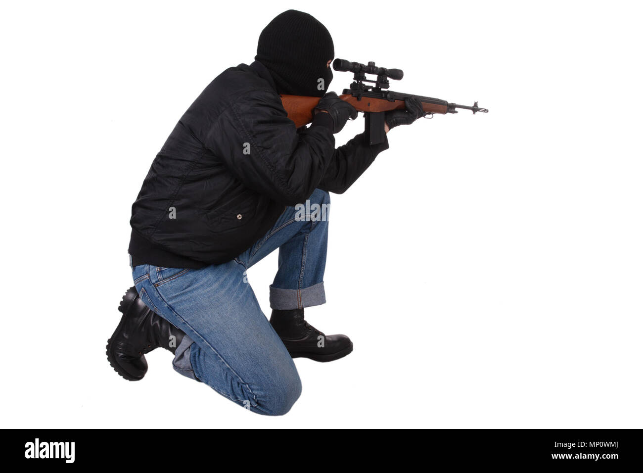 gunman with sniper rifle isolated on white background Stock Photo - Alamy