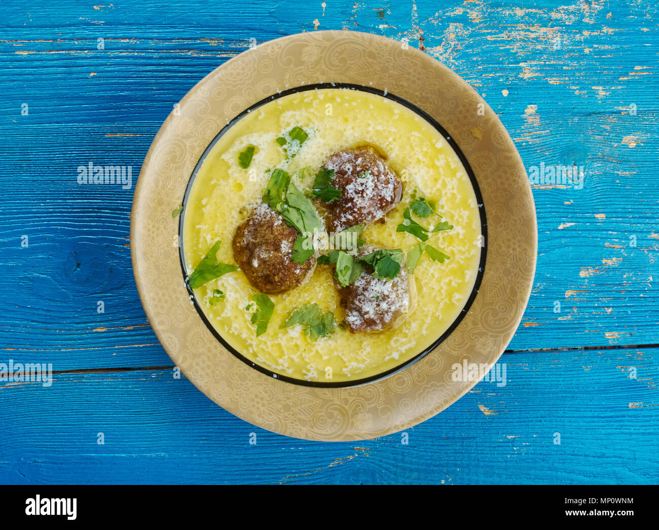 Traditional Greek Meatball Soup - Giouvarlakia, close up Stock Photo ...