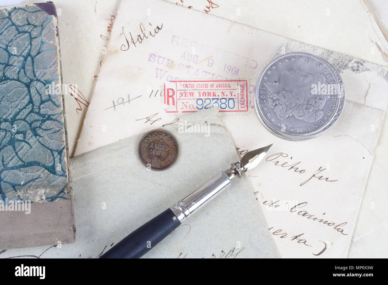 Vintage background with old paper, old ink pen, handwriten letters and ...