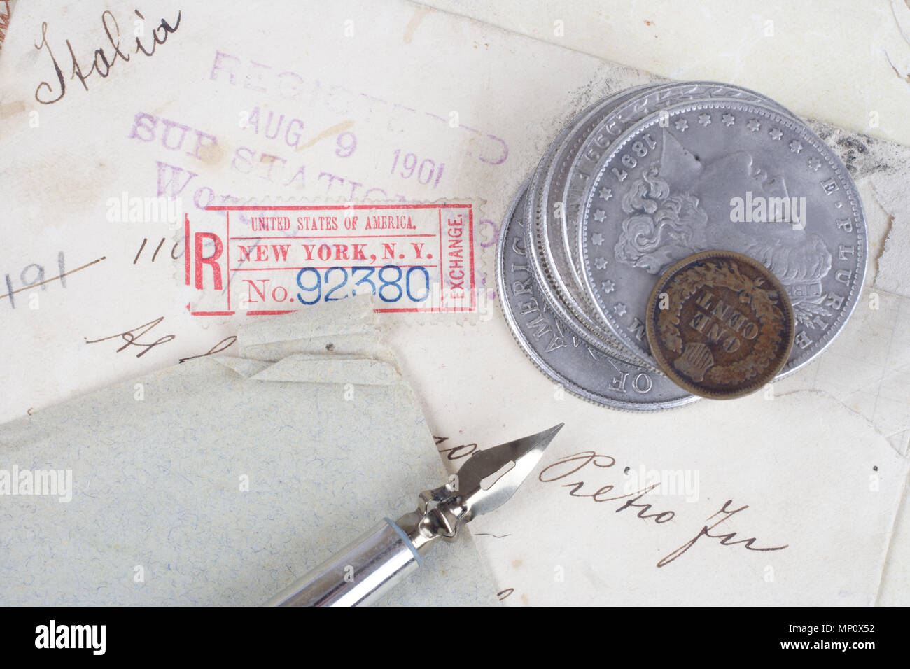 Vintage background with old paper, old ink pen, handwriten letters and ...