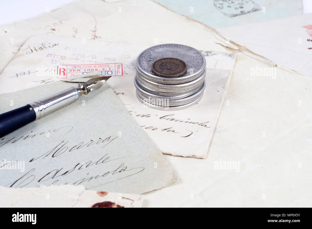 Vintage background with old paper, old ink pen, handwriten letters and ...