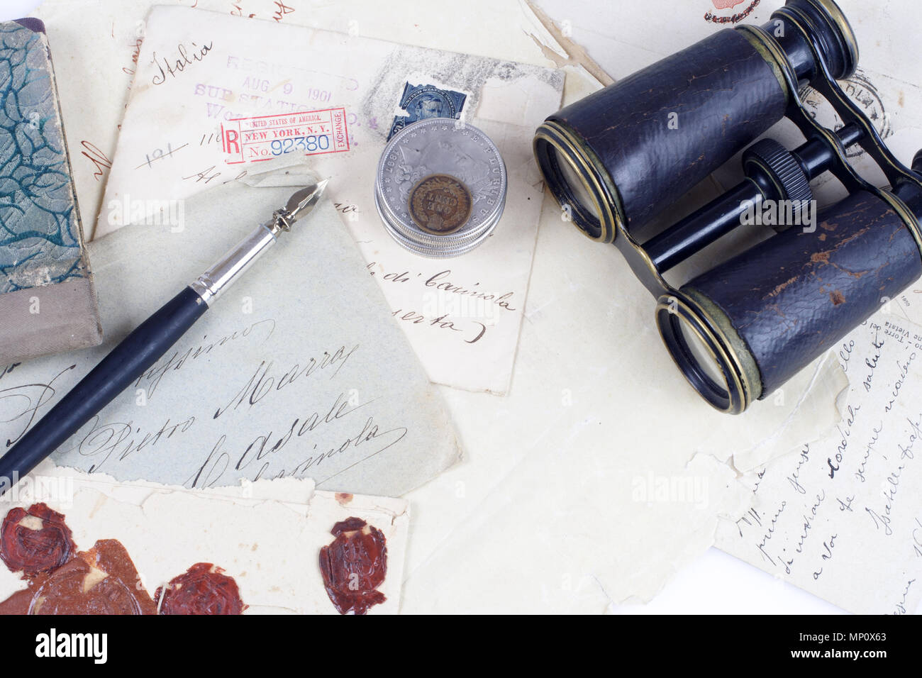 Vintage background with old paper, old ink pen, handwriten letters and ...