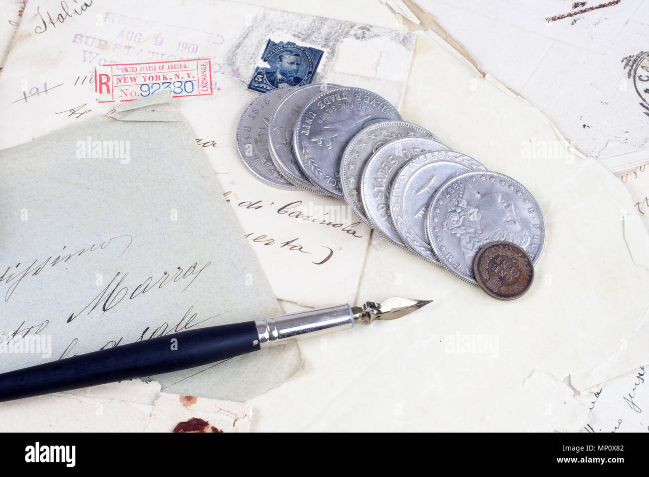 Vintage background with old paper, old ink pen, handwriten letters and ...