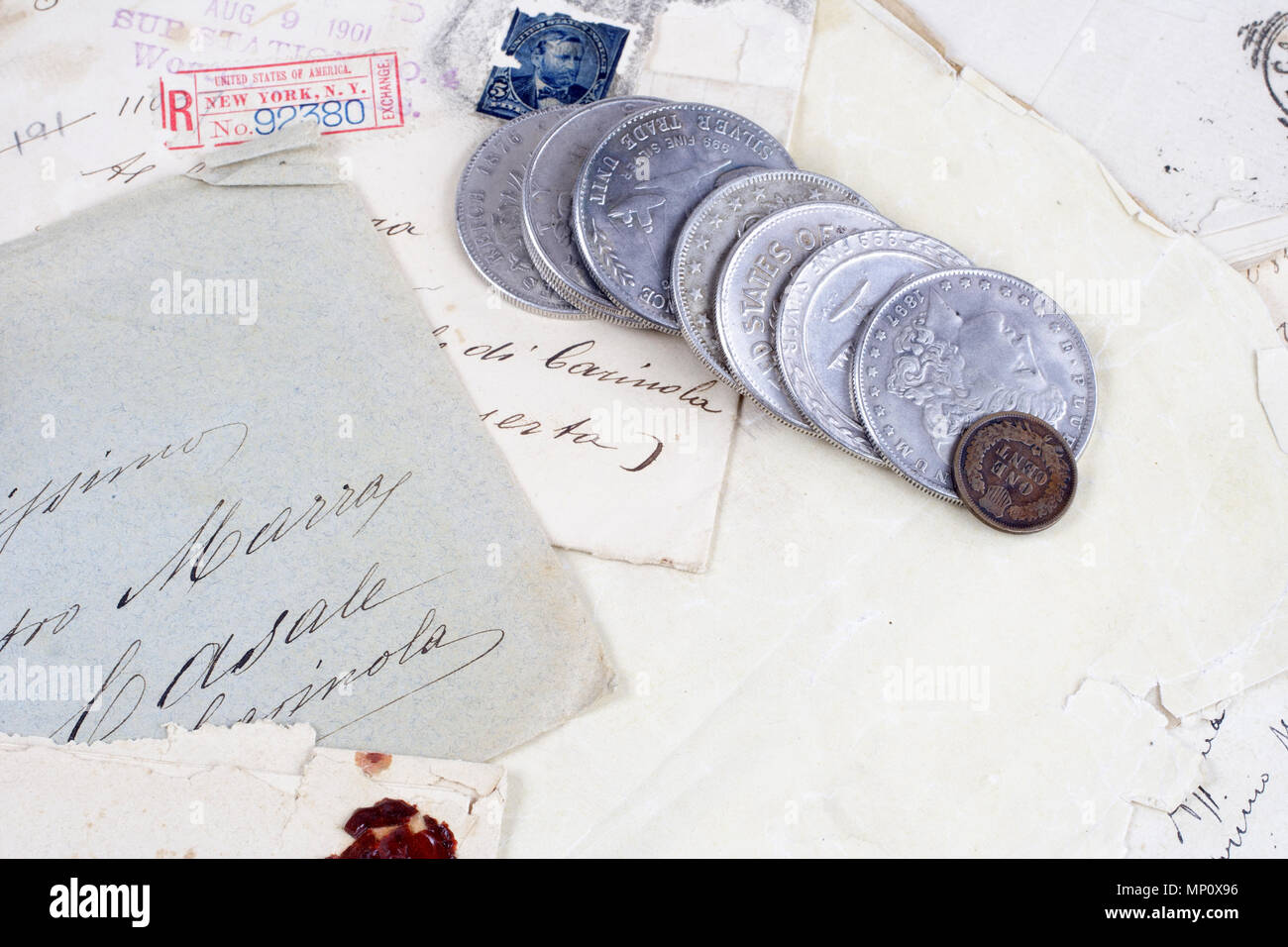 Vintage background with old paper, old ink pen, handwriten letters and ...