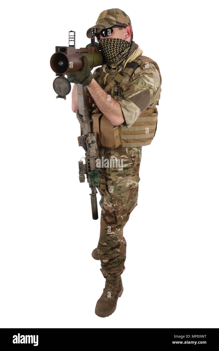 Private Military Contractor with RPG rocket launcher isolated on white ...