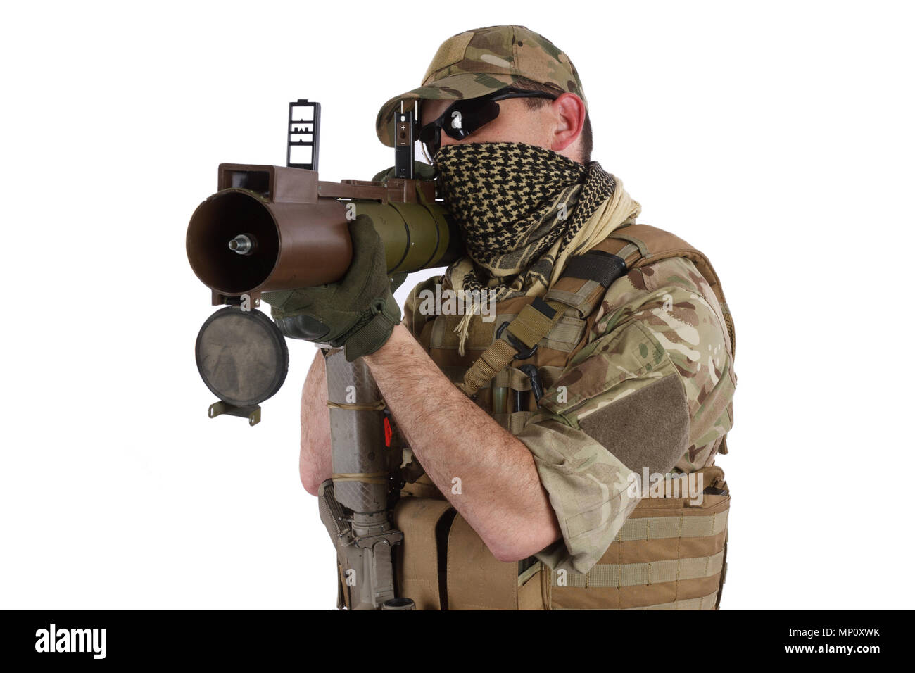 Private Military Contractor with RPG rocket launcher isolated on white ...