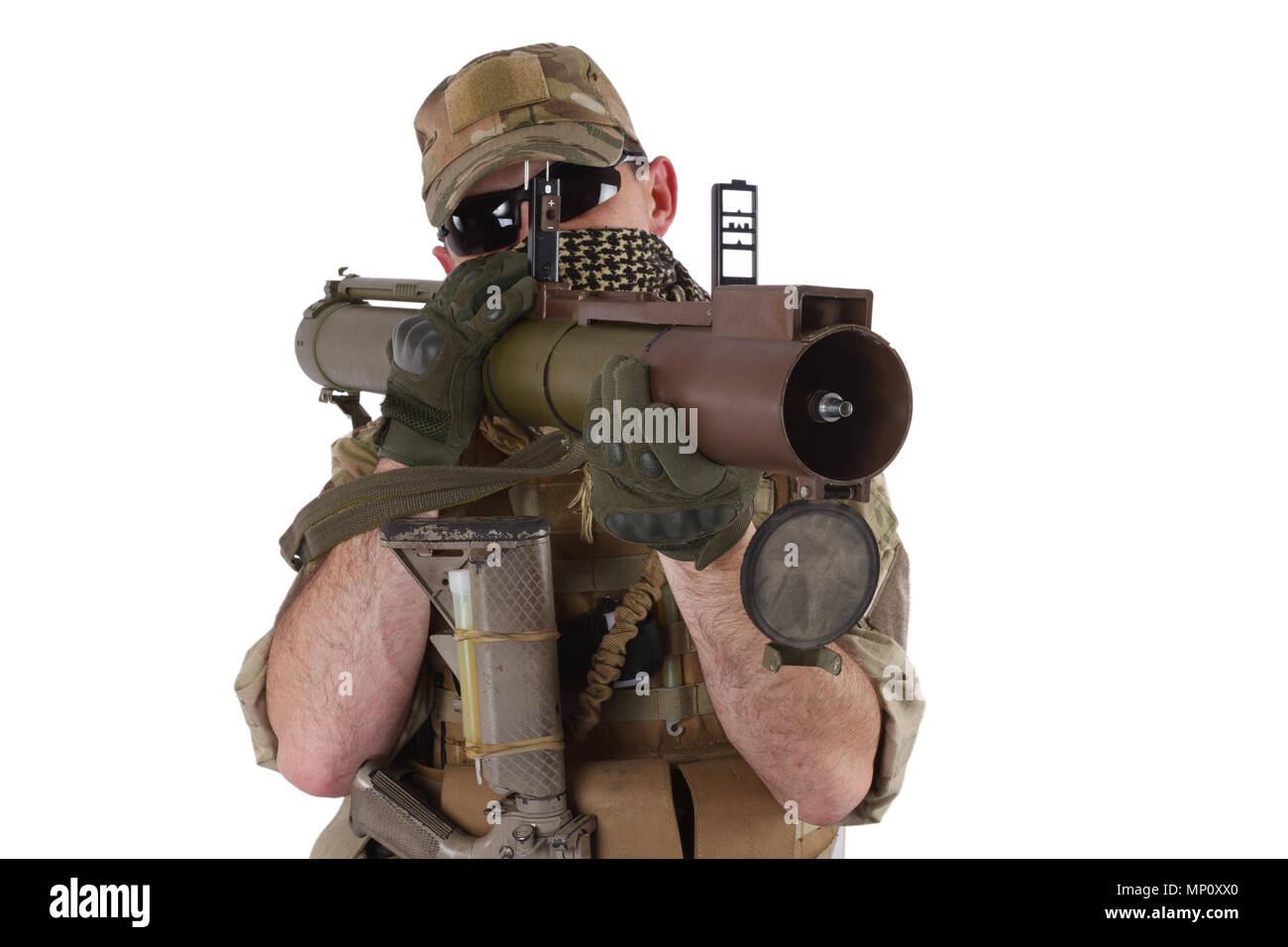 Private Military Contractor with RPG rocket launcher isolated on white ...