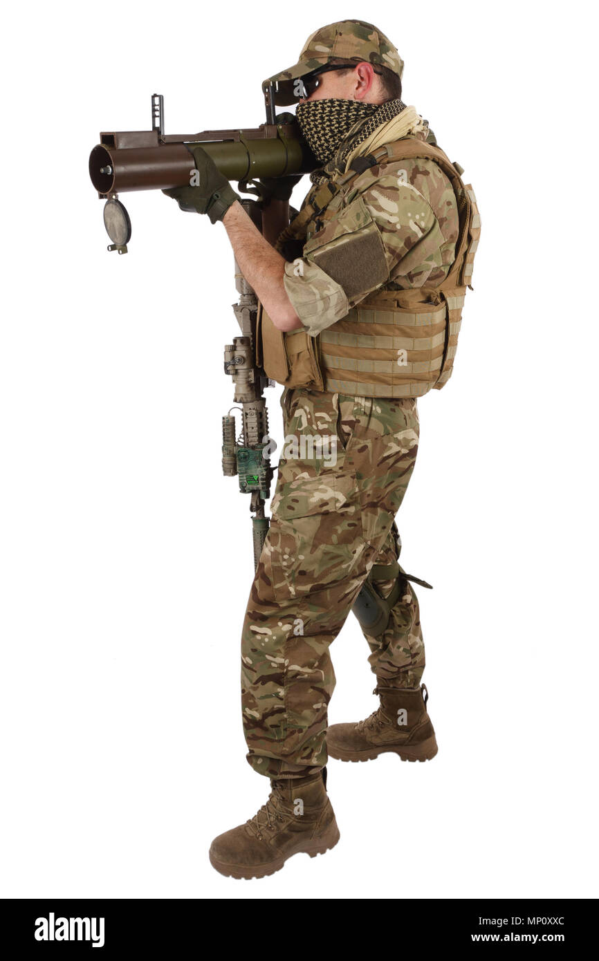 Private Military Contractor with RPG rocket launcher isolated on white ...
