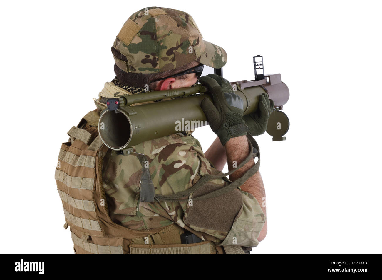 Private Military Contractor with RPG rocket launcher isolated on white ...