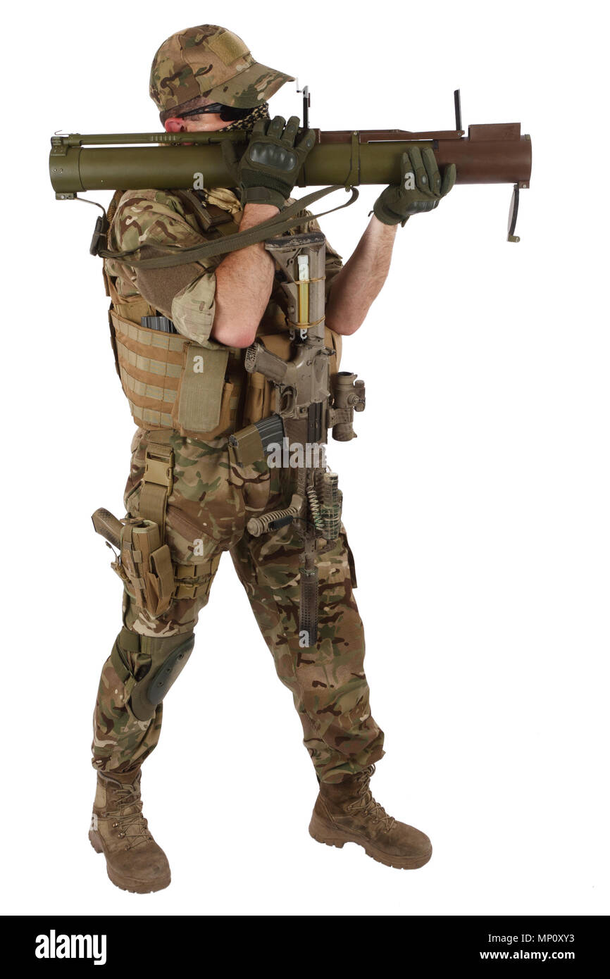 Private Military Contractor with RPG rocket launcher isolated on white ...