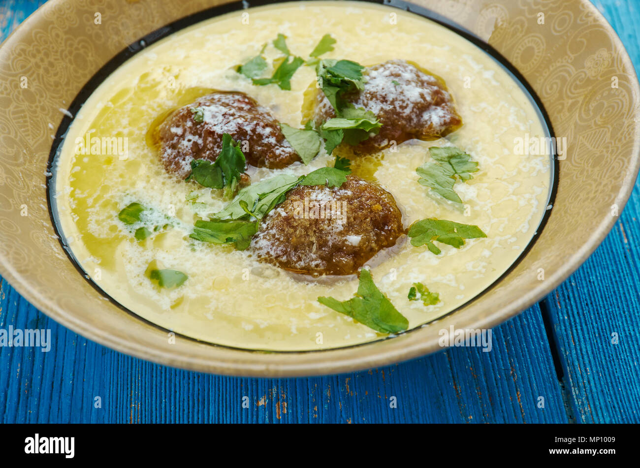 Traditional Greek Meatball Soup - Giouvarlakia, close up Stock Photo ...