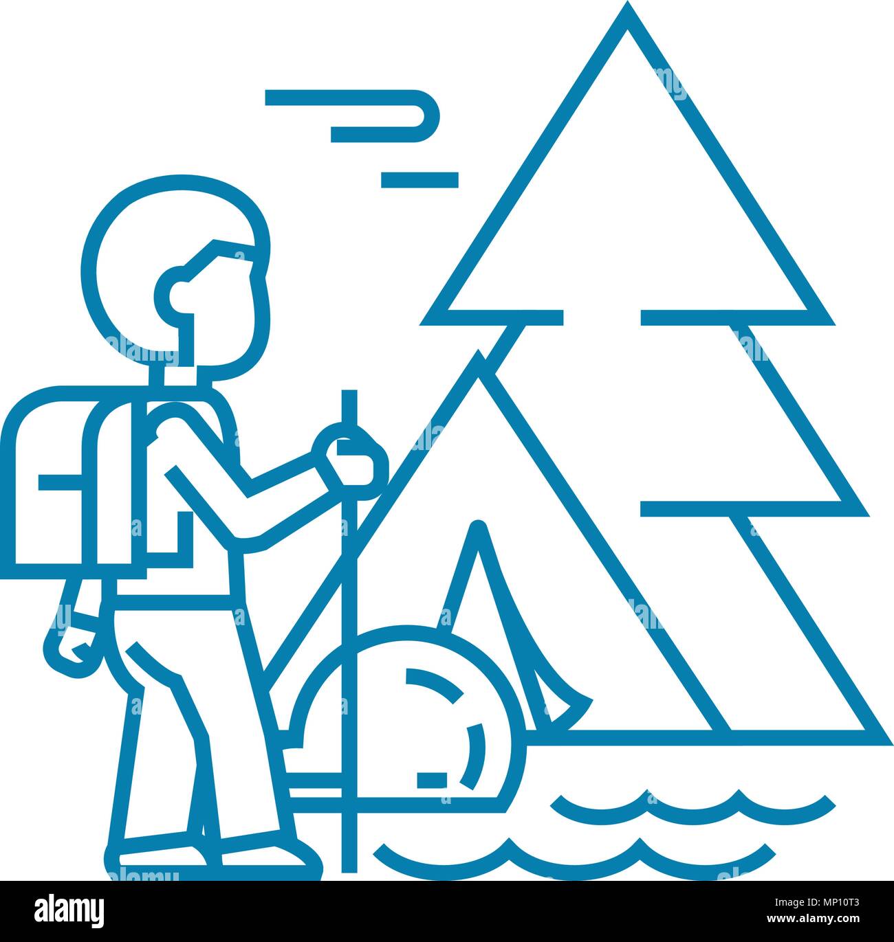 Hiking in the mountains linear icon concept. Hiking in the mountains ...