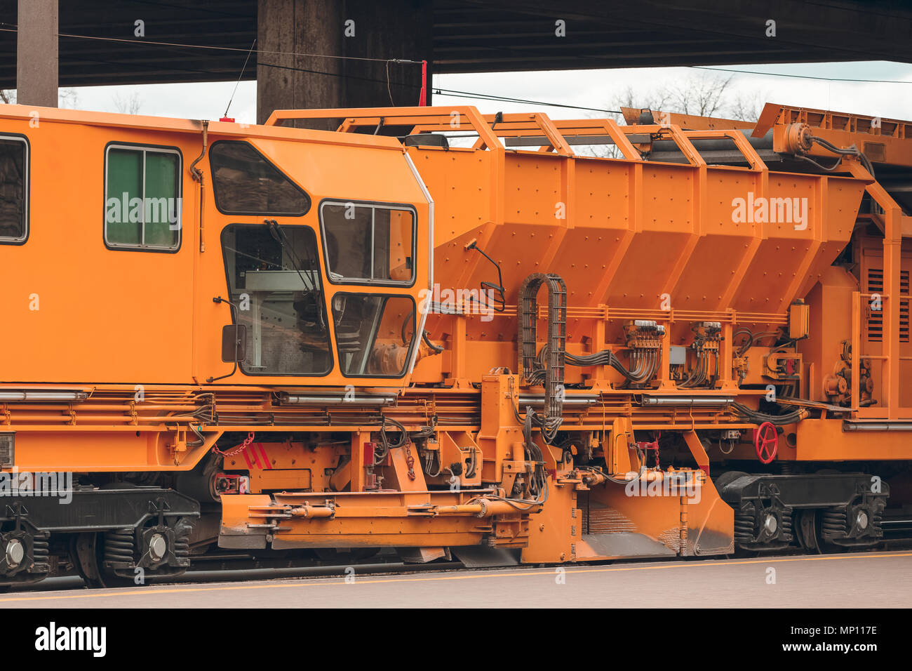 Ballast distributing and profiling track machine. Repair train Stock ...