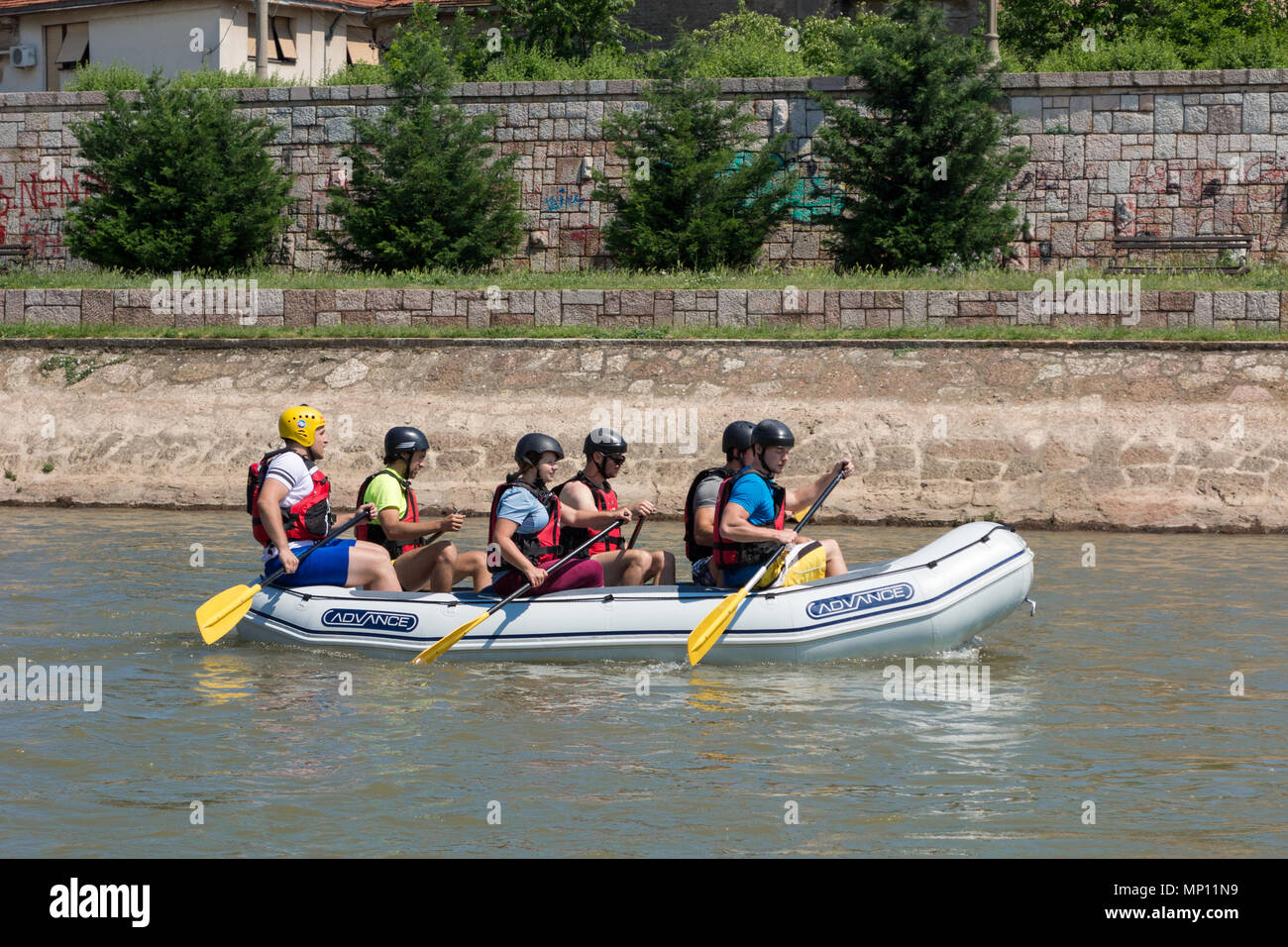 Nis, Serbia - May 19, 2018 Rafting sports team in float race on river ...