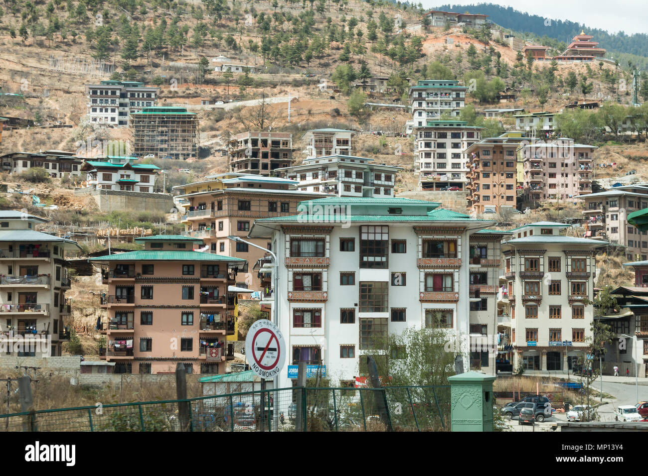 Modern apartment buildings in Thimphu, the capital city of Bhutan Stock ...