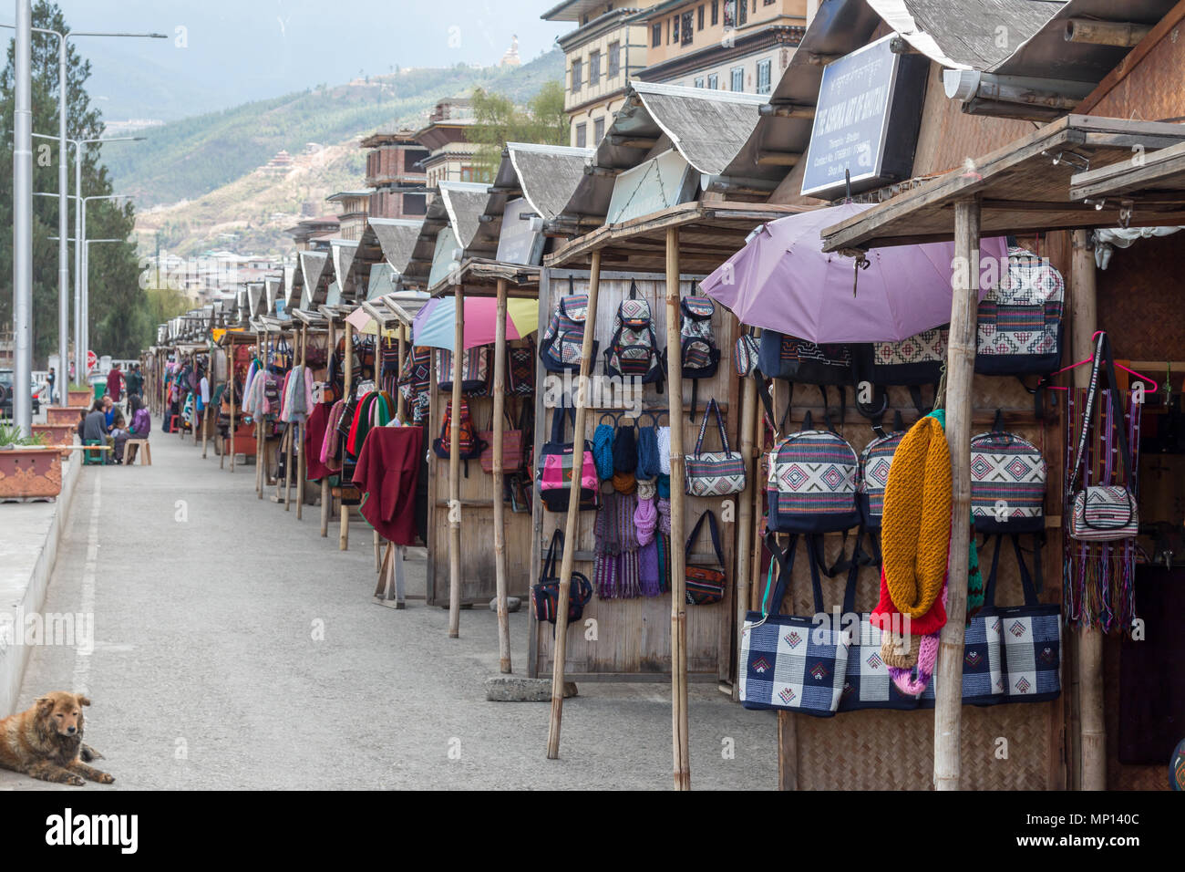 Souvenir stalls in a tourist market in Thimphu, the capital city of ...