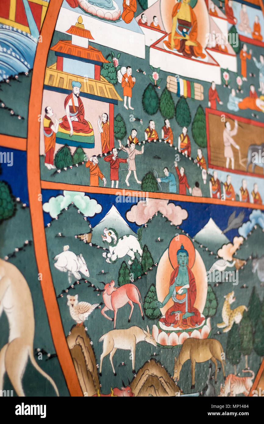 Artwork depicting Buddhist stories in a temple in Paro, Bhutan Stock ...