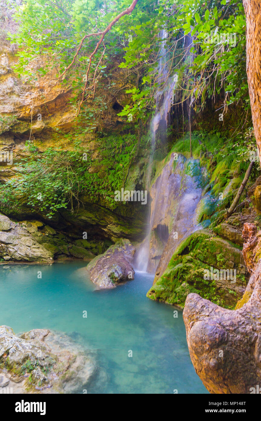 Neraida waterfalls in Milopotamos village in Kythera island in Greece ...