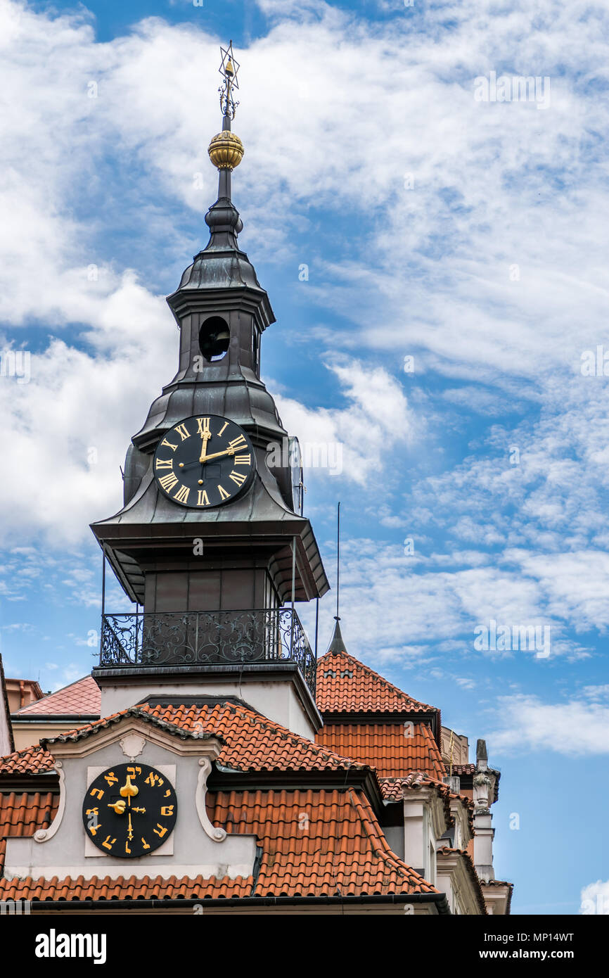 Tower and roof of High Synagogue with double clock in Prague Stock ...
