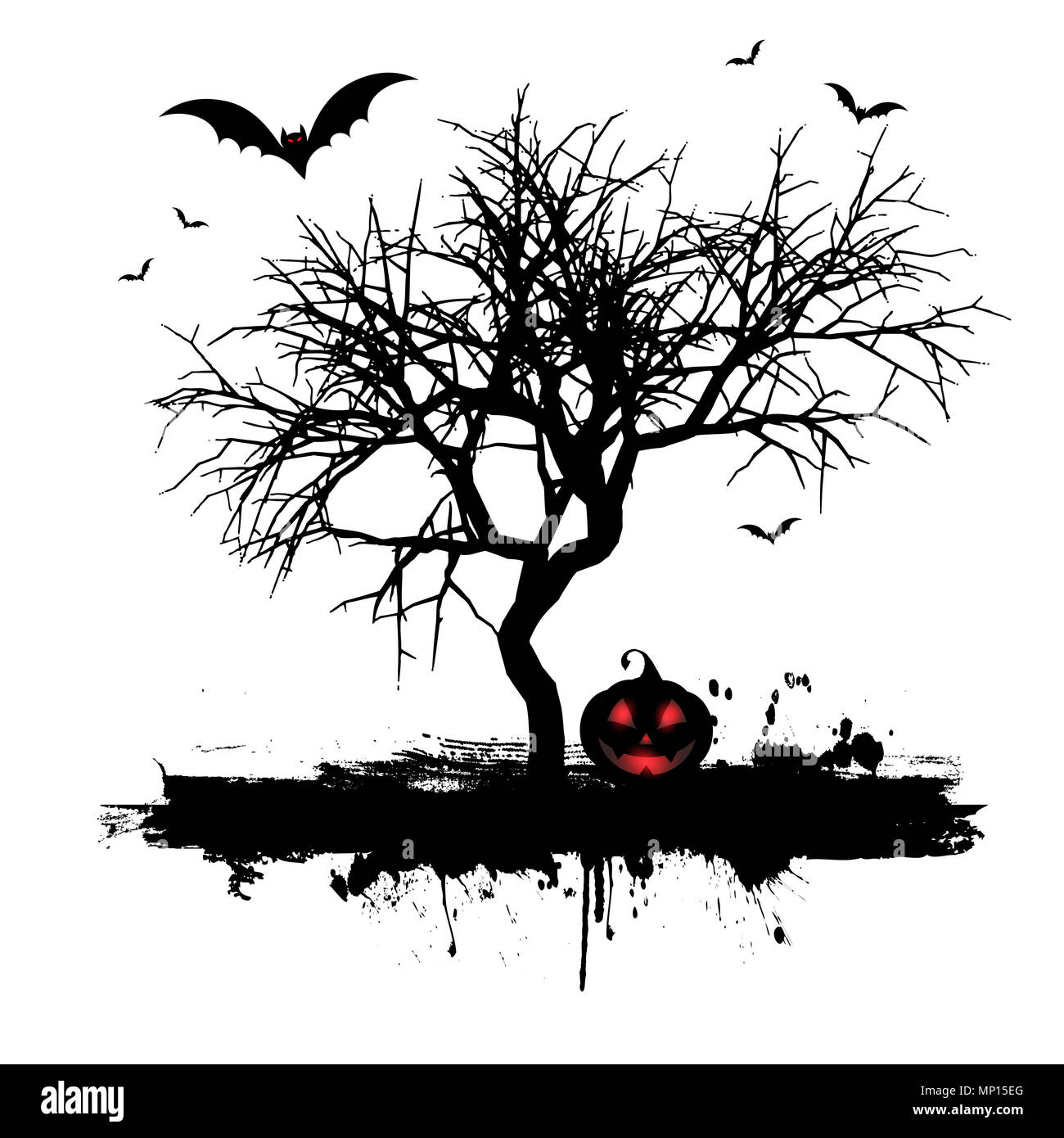 Grunge style Halloween background with bats, jack o lantern and tree ...