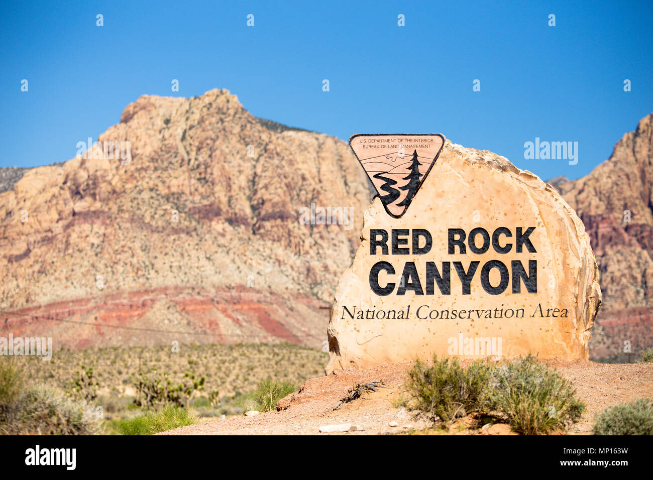 Rock boulder sign for Red Rock Canyon in Las Vegas Nevada with ...