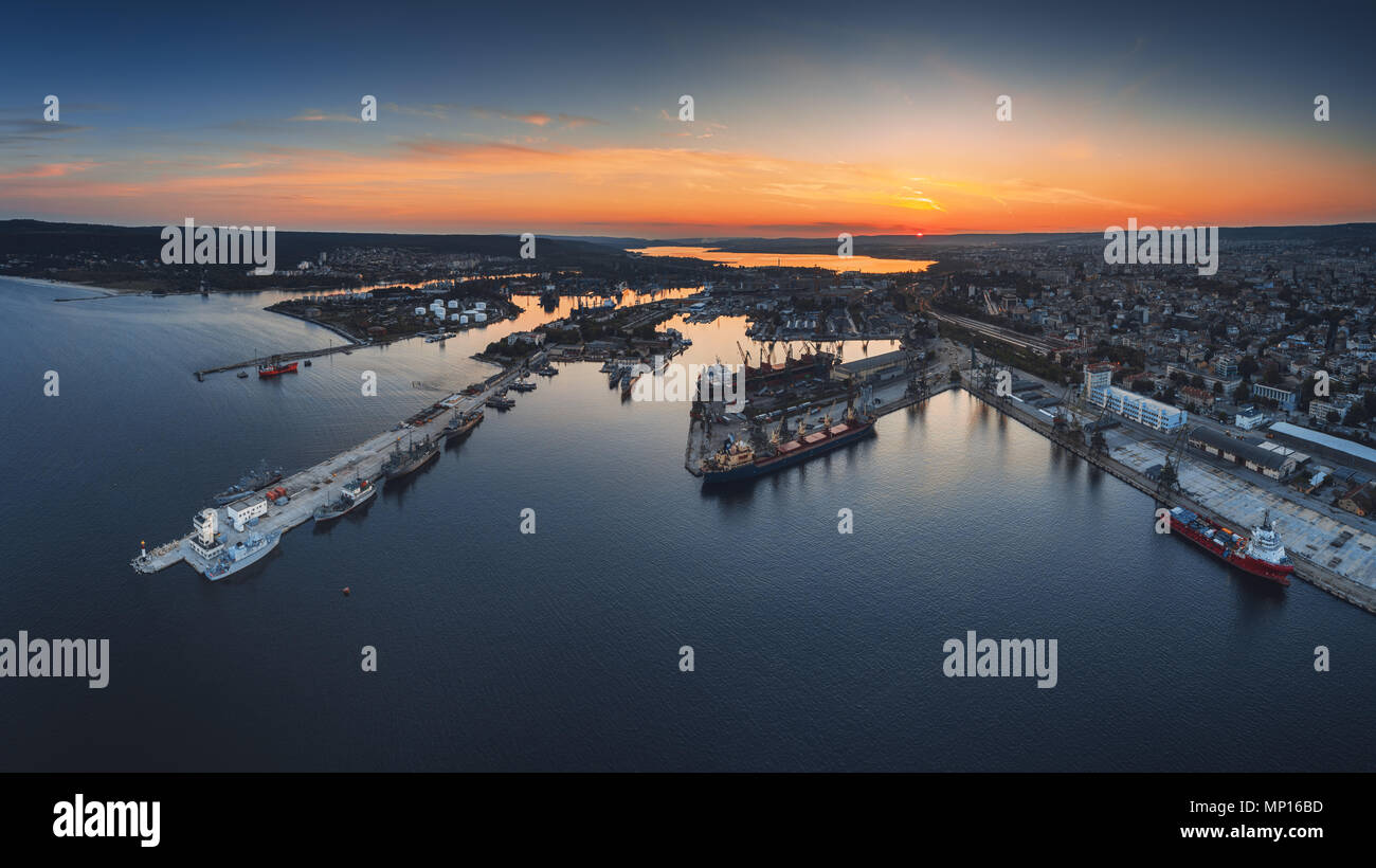 Aerial panorama drone view of sea port and industrial harbor zone in ...