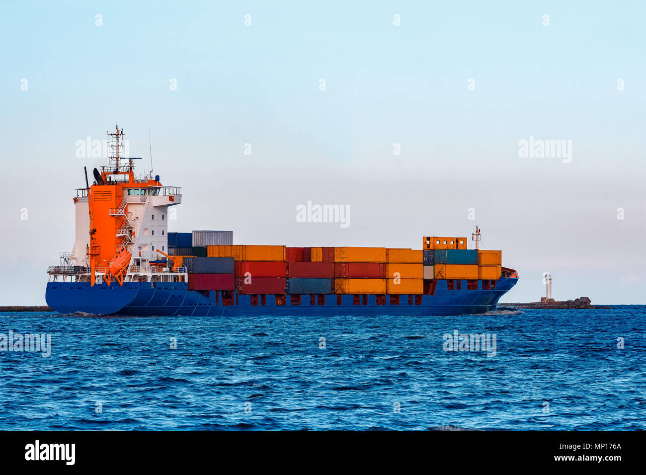 Blue container ship. Global logistics and merchandise transfer Stock ...