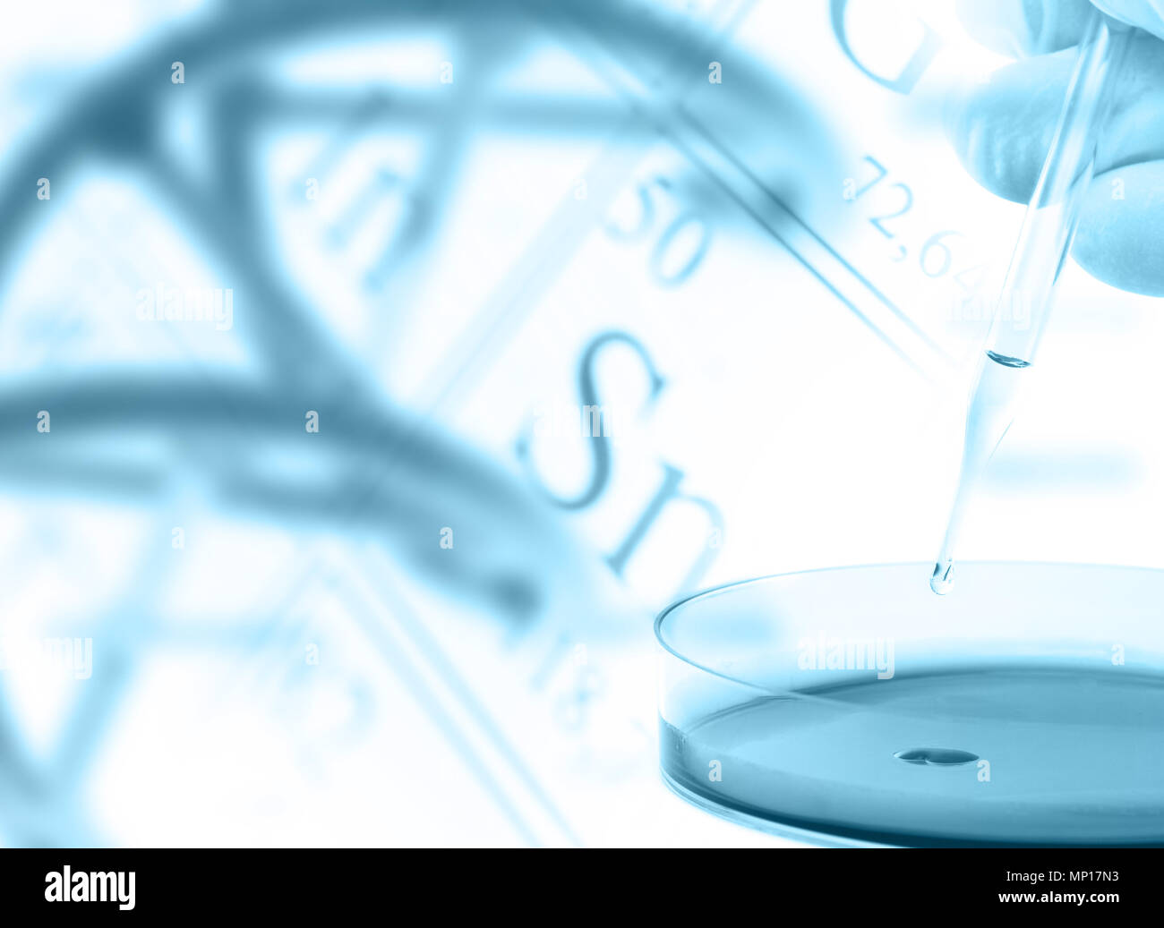 Researcher with petri dish and DNA model over periodic table of the ...