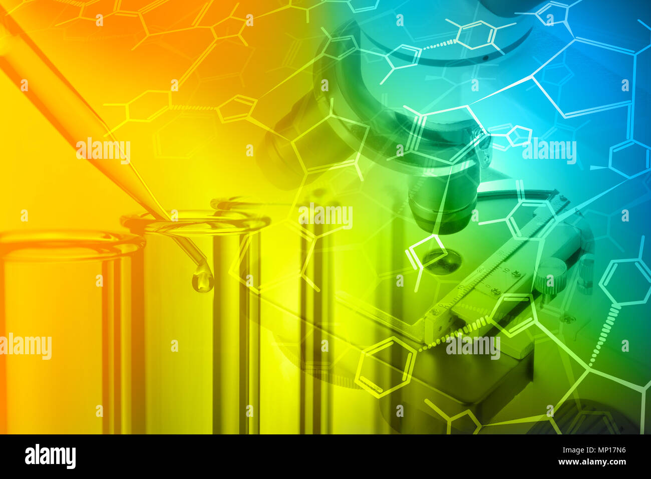 Test tubes and research microscope with molecule structural formula ...