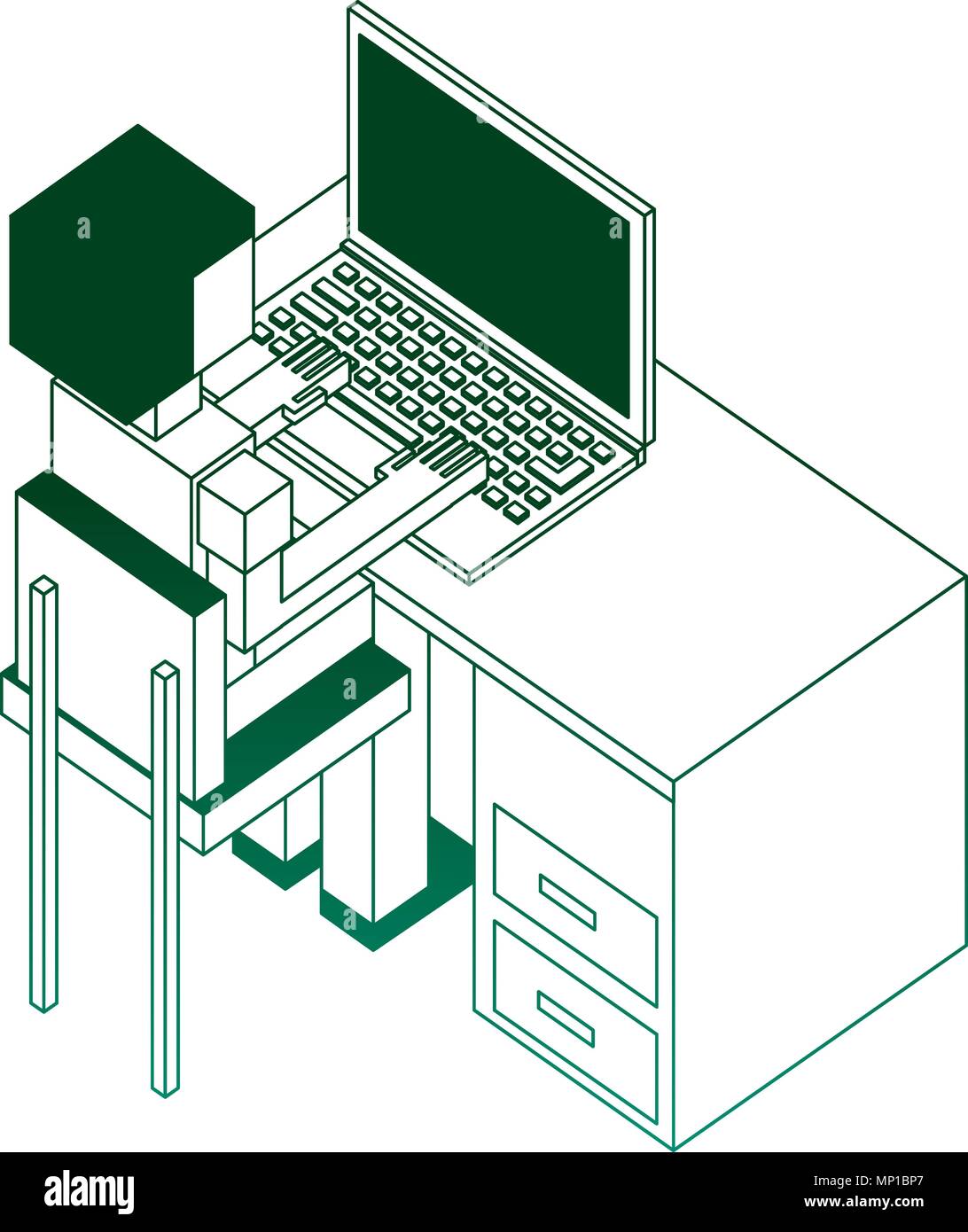 man sitting at a desk and working on the computer back view isometric ...