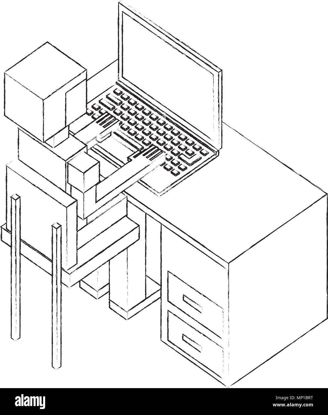 man sitting at a desk and working on the computer back view isometric ...