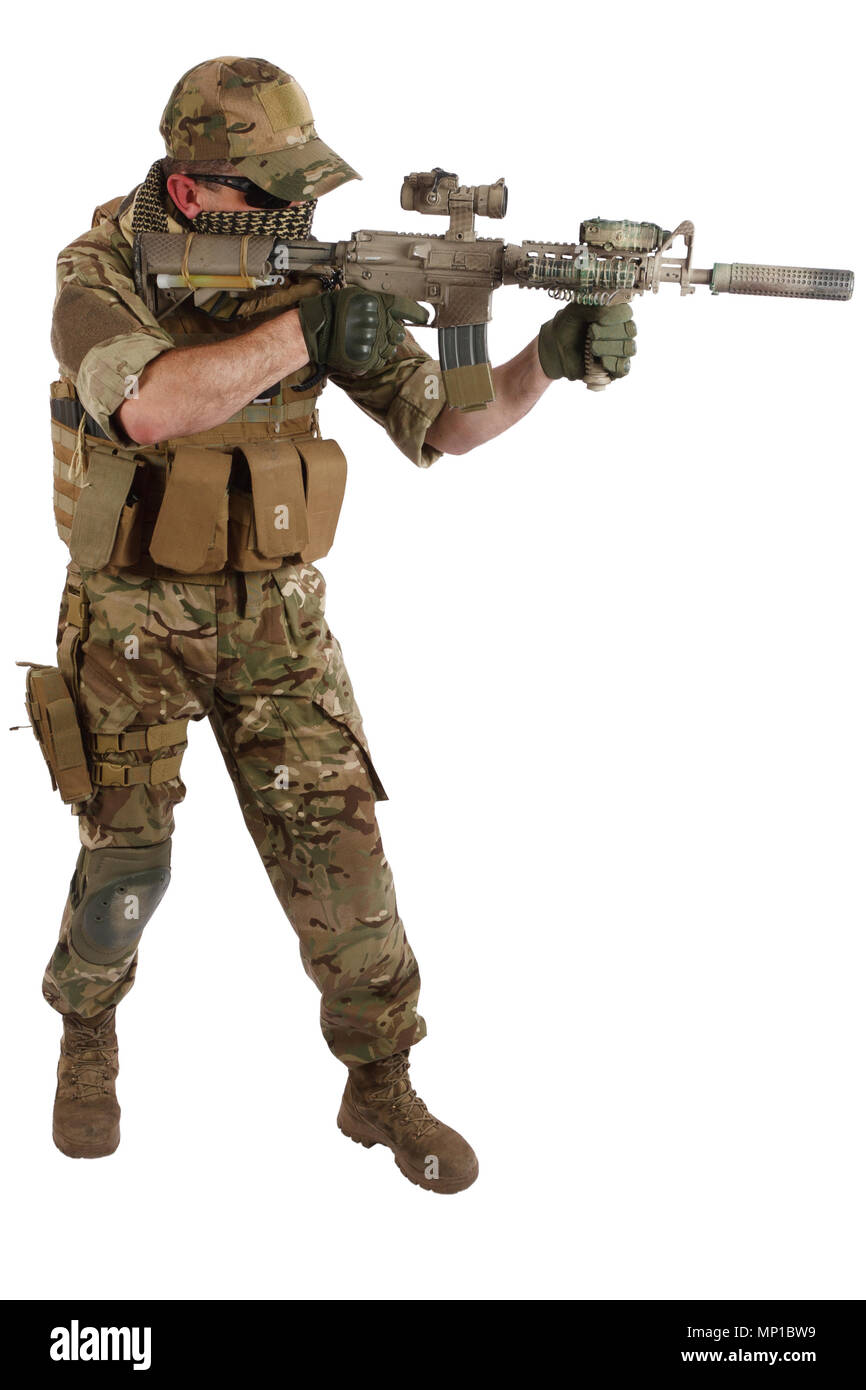 Private Military Contractor with carbine M4 isolated on white Stock ...