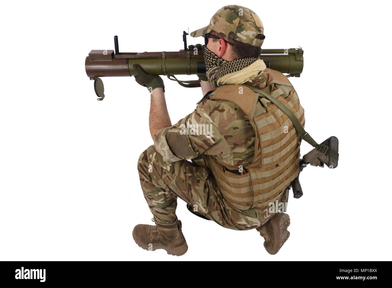 Private Military Contractor with RPG rocket launcher isolated on white ...