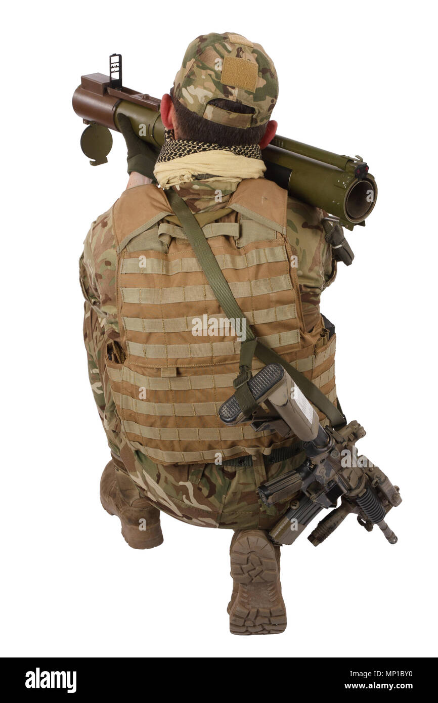 Private Military Contractor with RPG rocket launcher isolated on white ...