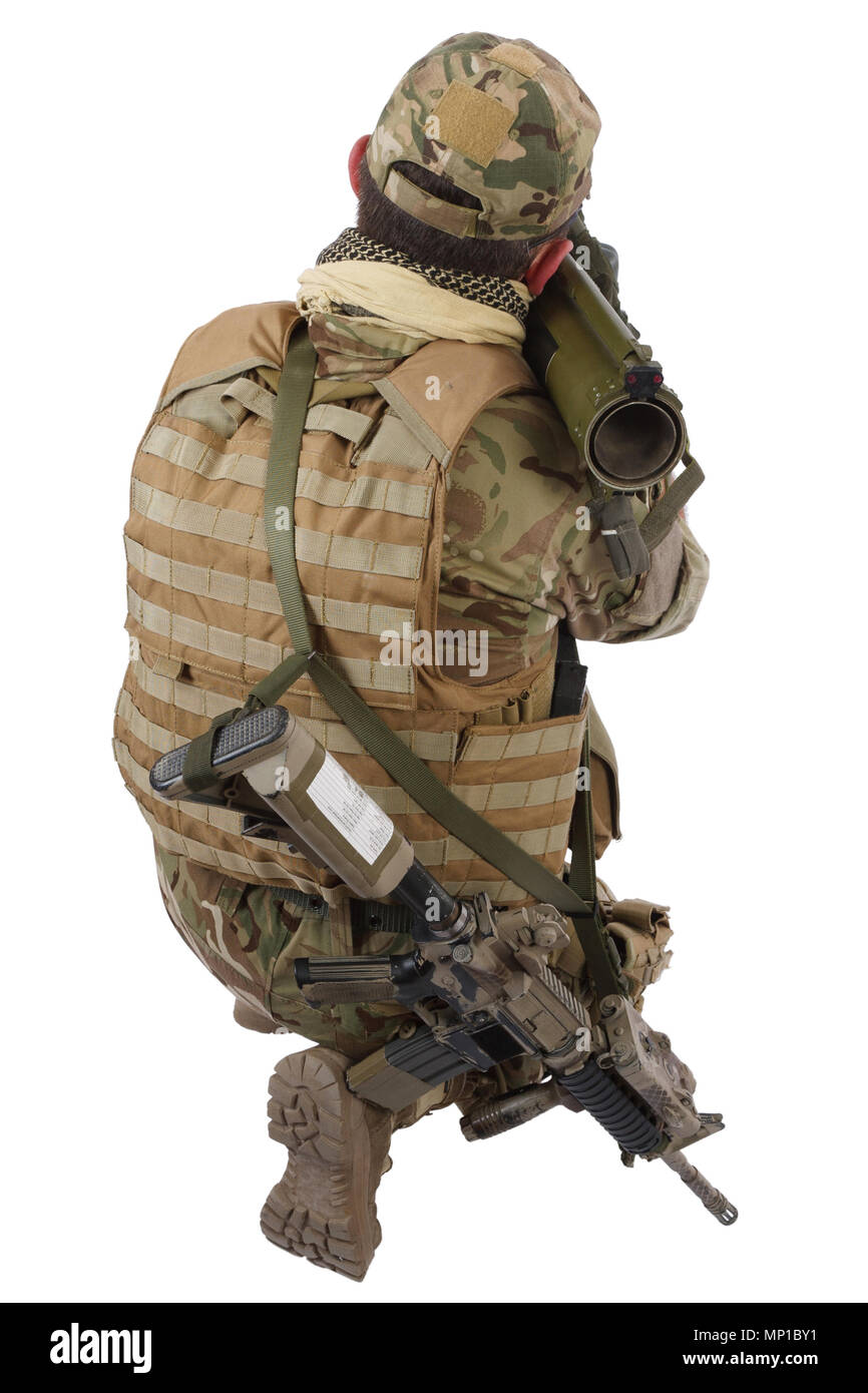 Private Military Contractor with RPG rocket launcher isolated on white ...