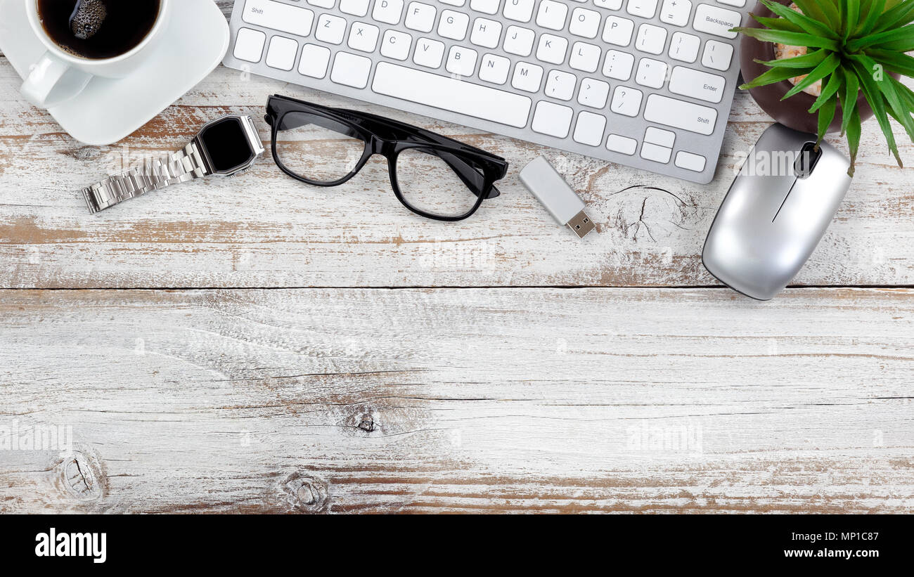 Top border view of working white rustic desk with plenty of copy space ...