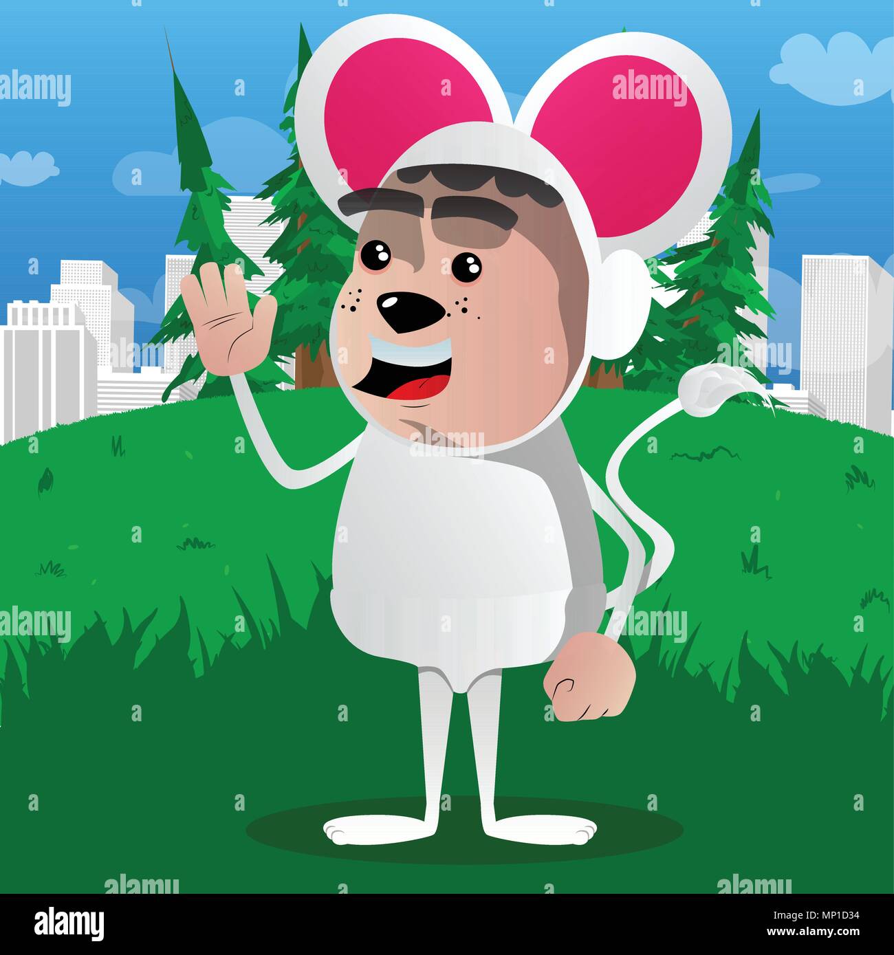 Boy dressed as mouse with waving hand. Vector cartoon character ...