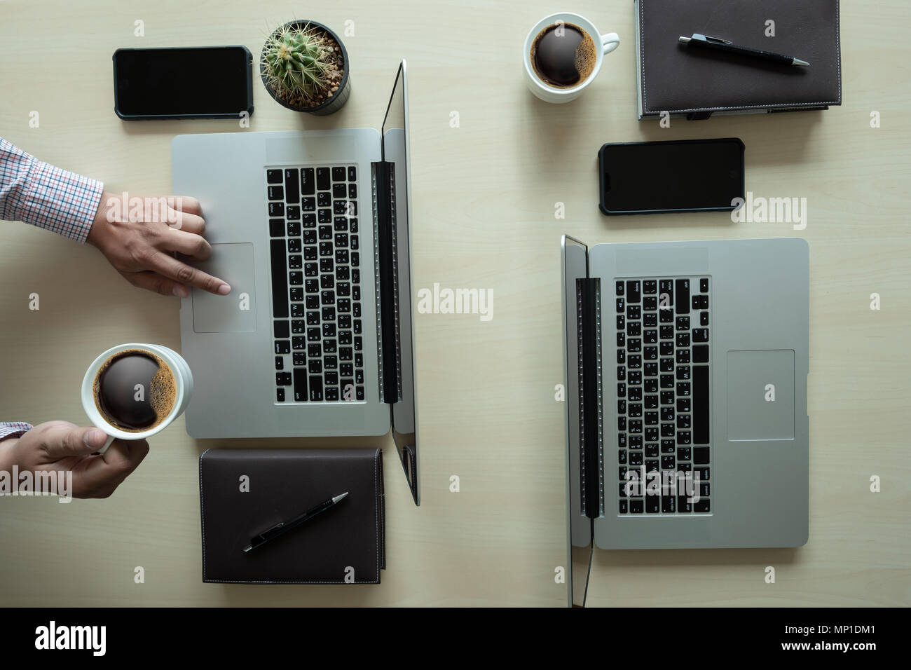 Overhead View top view man Working Desk Concept Stock Photo - Alamy