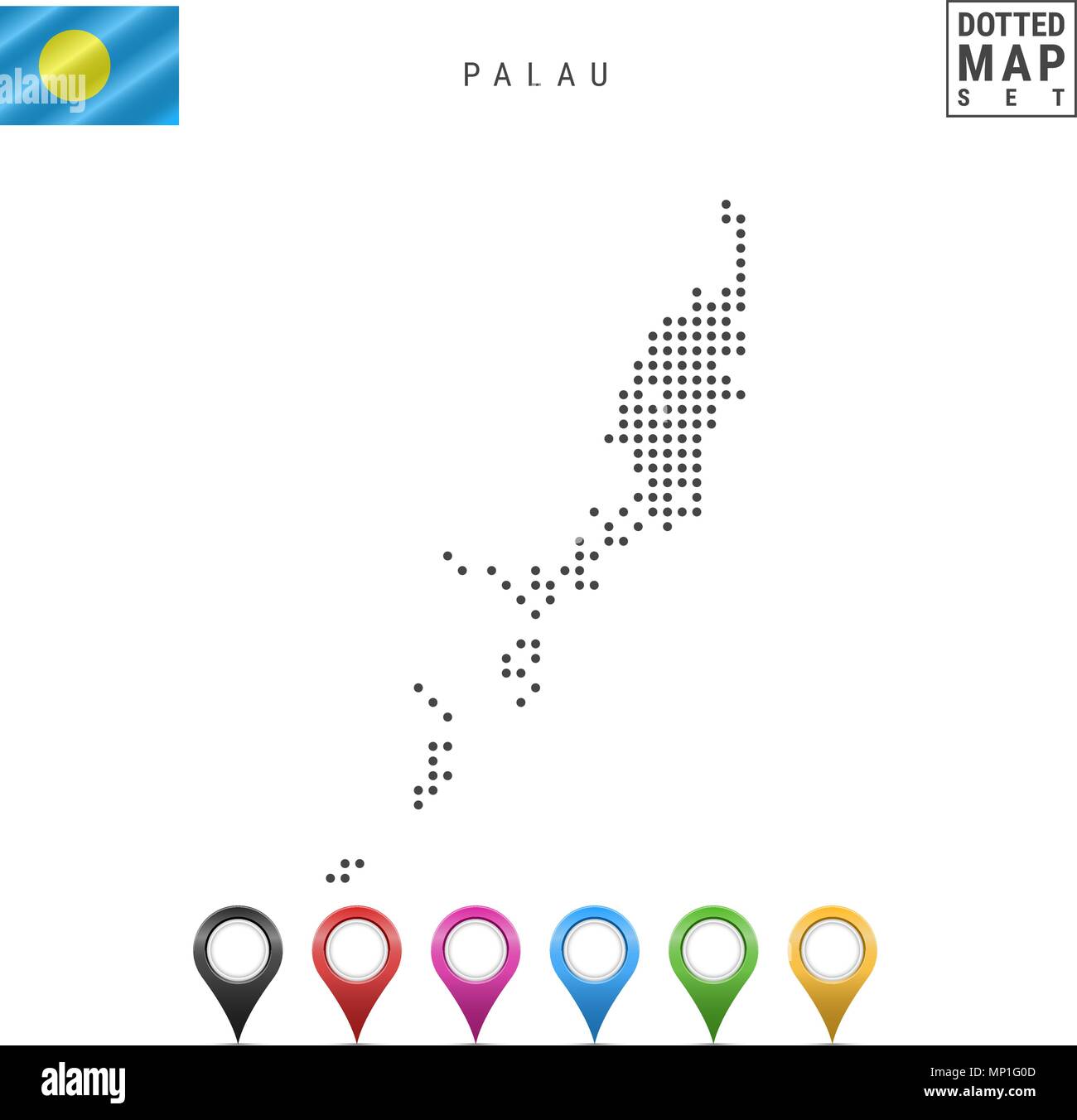 Vector Dotted Map of Palau. Simple Silhouette of Palau. The National Flag of Palau. Set of ...